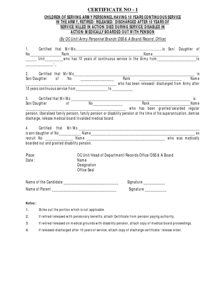 Certificate No - 1: (By OC Unit/Army Personnel Branch/DSS & A Board ...