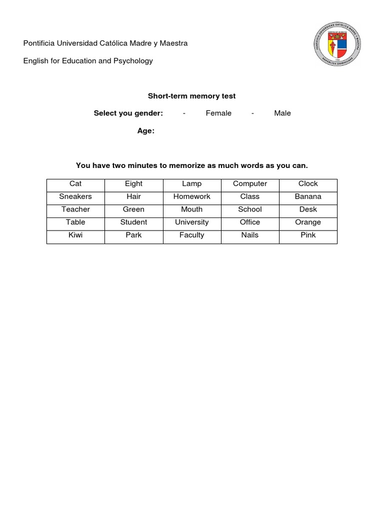 Short-Term Memory Test | PDF