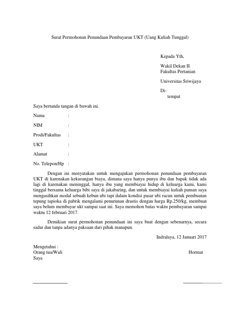 Surat Permohonan Penundaan Pembayaran UKT | PDF