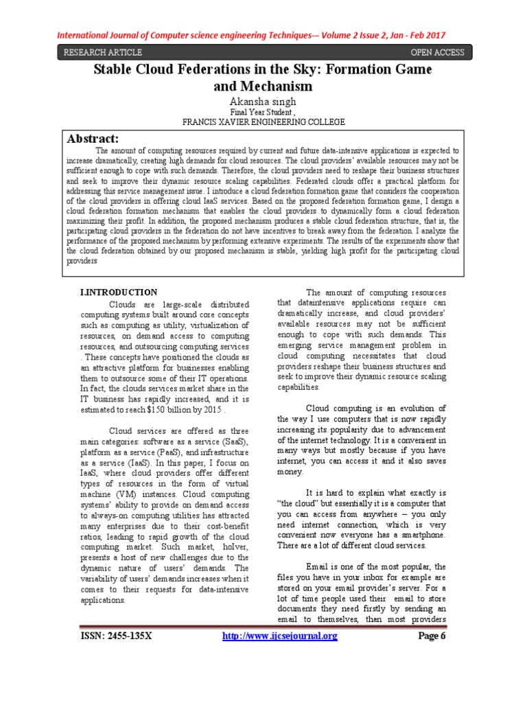 Stable Cloud Federations in The Sky: Formation Game and Mechanism | PDF | Cloud Computing ...