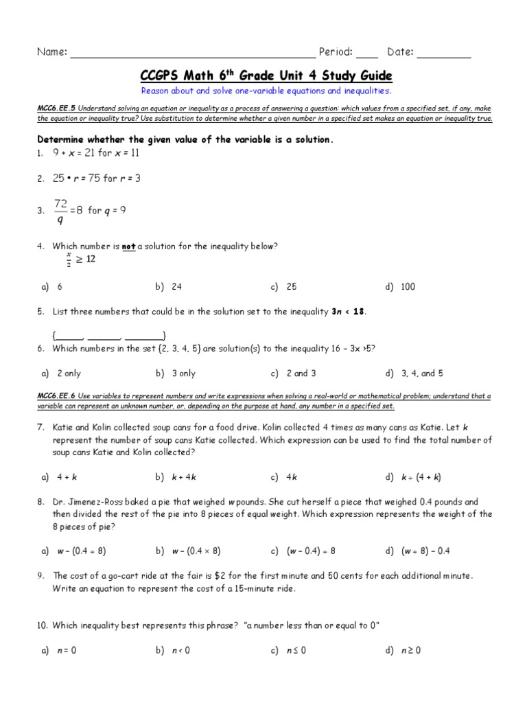 CCGPS Math 6 Grade Unit 4 Study Guide: Name: Period: Date | PDF ...