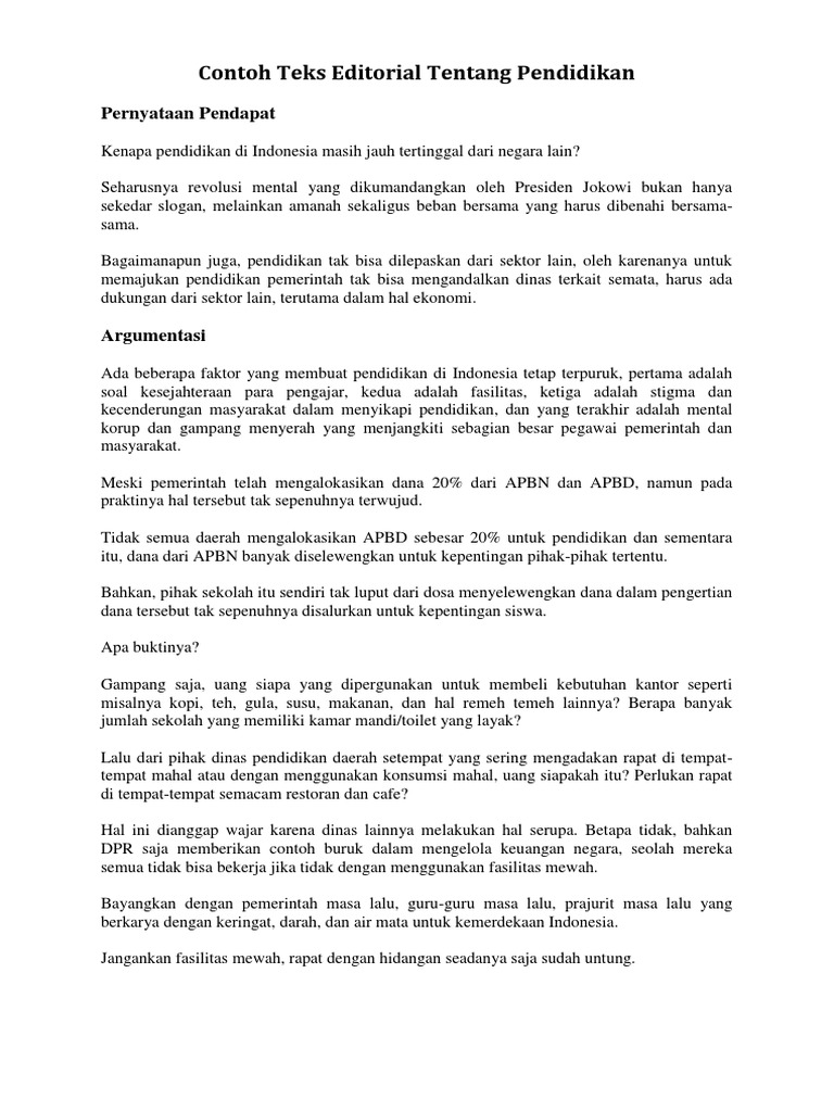 Contoh Teks Editorial Tentang Pendidikan | PDF