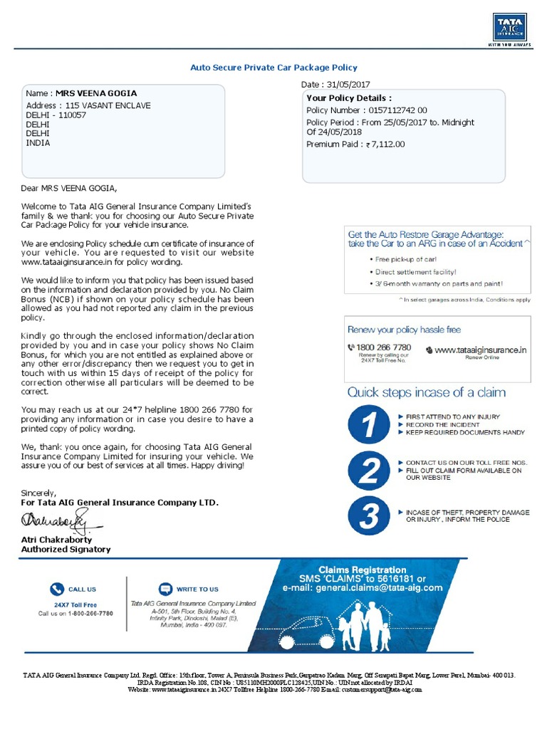 Your Policy Details:: Auto Secure Private Car Package Policy | PDF ...