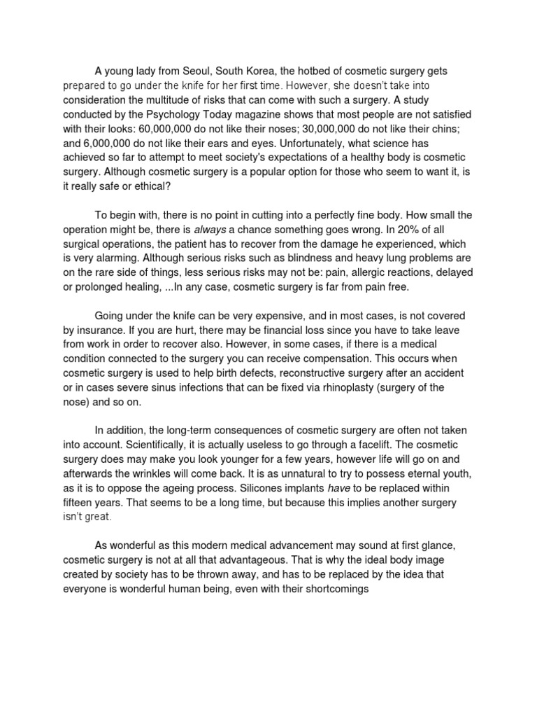 Plastic Surgery Writing Prompt - Is Plastic Surgery Wrong? | PDF ...