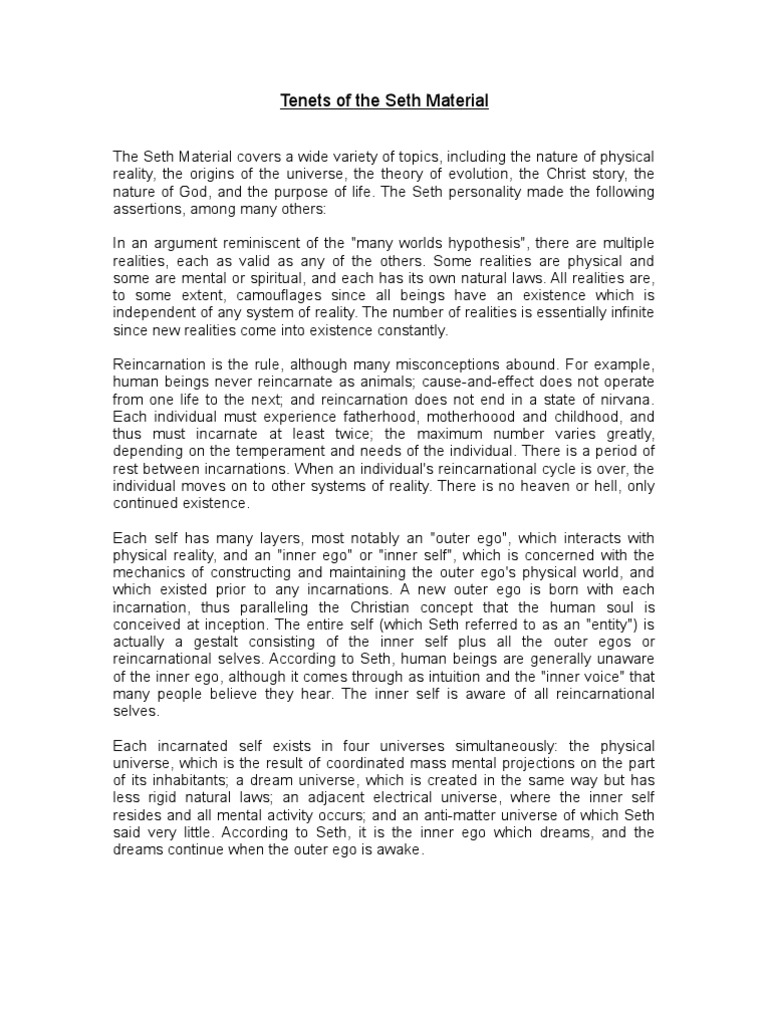 Jane Roberts Tenets of the Seth Material | Reality | Self