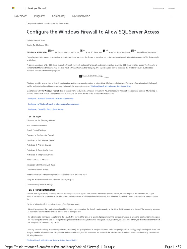 Configure The Windows Firewall To Allow Sql Server Access Pdf Port Computer Networking