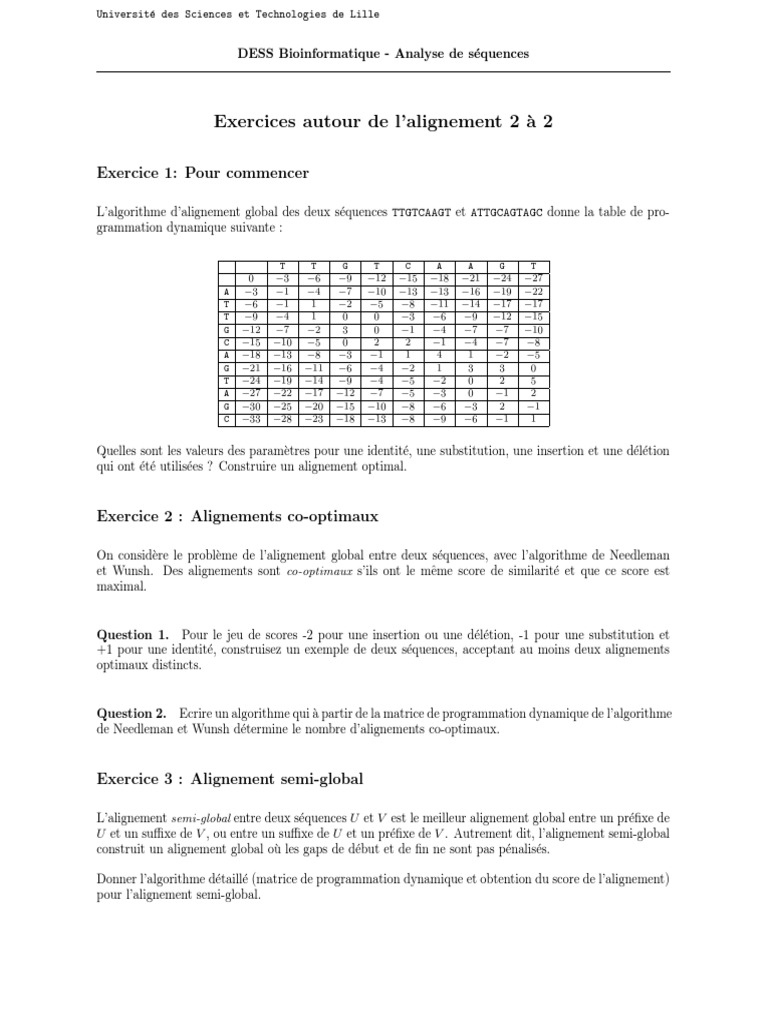 Exercices Alignement | PDF | Programmation dynamique | Algorithmes