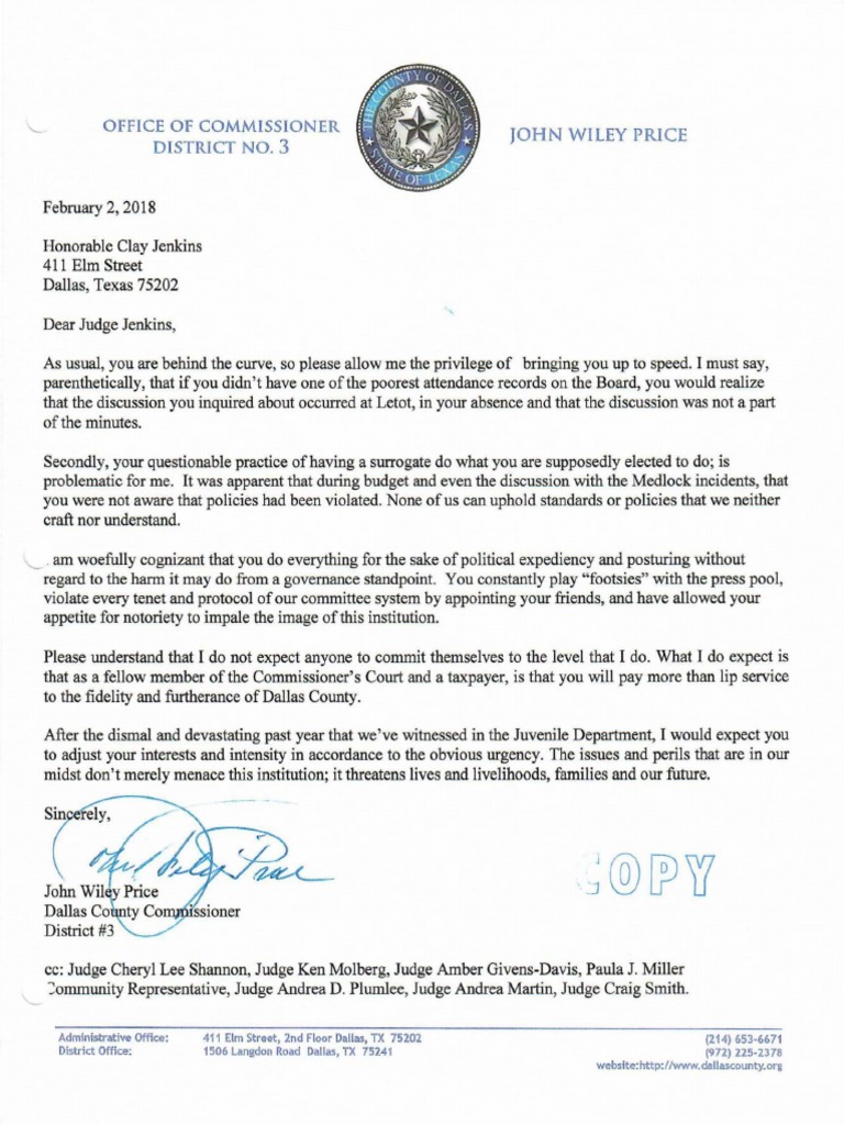 JWP Letter To Jenkins Re Juvenile Board | PDF | Justice | Crime & Violence