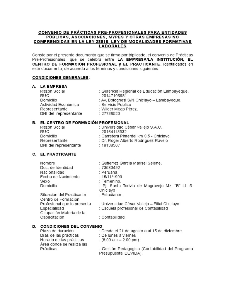 Modelo de Convenio de Practicas Profesionales UCV | PDF | Contabilidad | Marketing