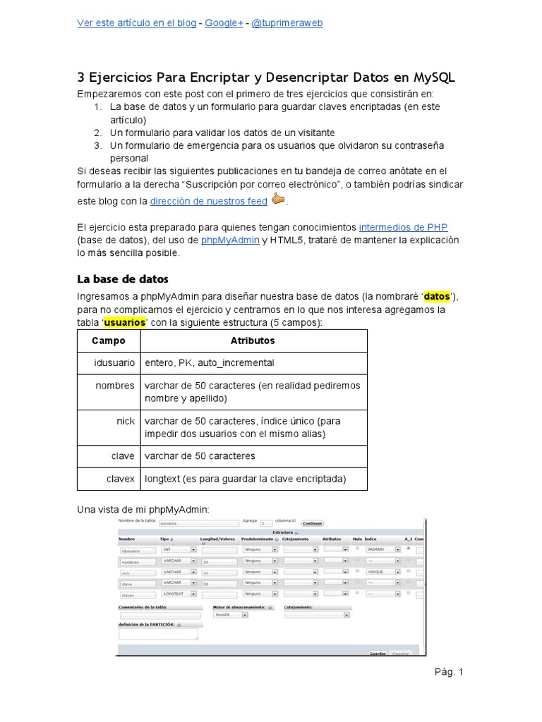 3 Ejercicios Para Encriptar Y Desencriptar Datos En Mysql Pdf
