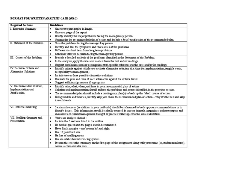 Format For Written Analysis Case (Wac) Required Sections Guidelines ...