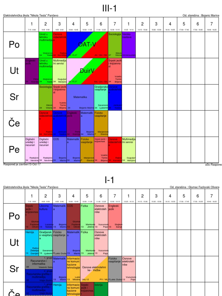 Raspored Časova Po Odeljenjima