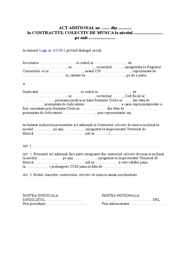 Act Aditional La Contractul Colectiv de Munca Al Nivel de Unitate | PDF