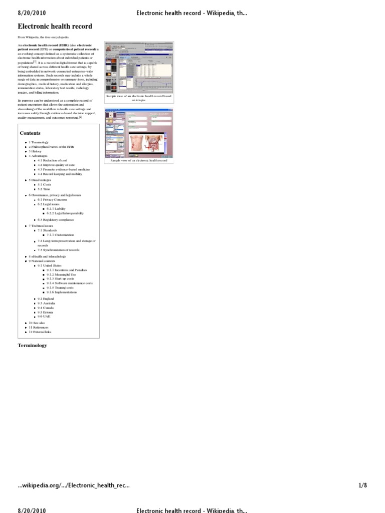 Electronic Health Record - Wikipedia, The Free Encyclopedia | PDF ...