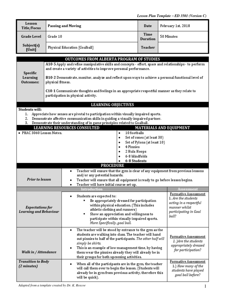 goal ball lesson plan | Lesson Plan | Physical Education
