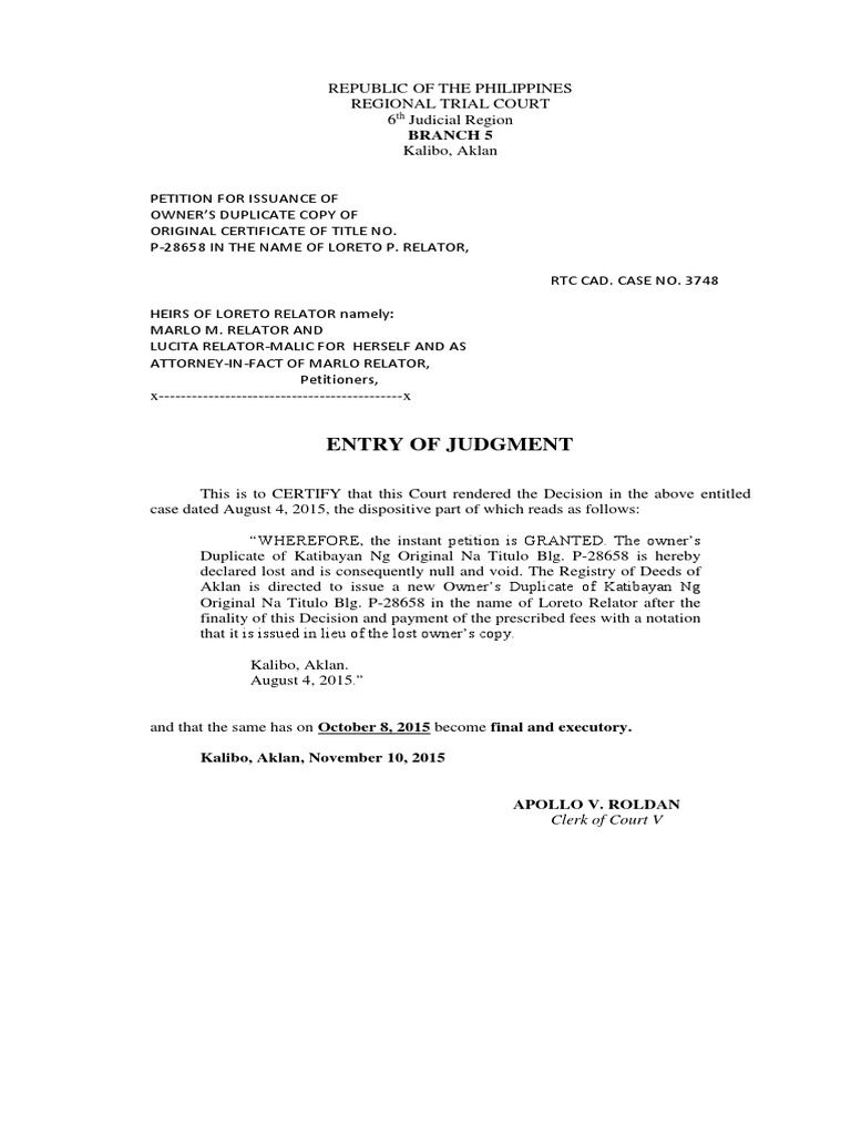 Entry of Judgment | PDF | Judgment (Law) | Lawsuit