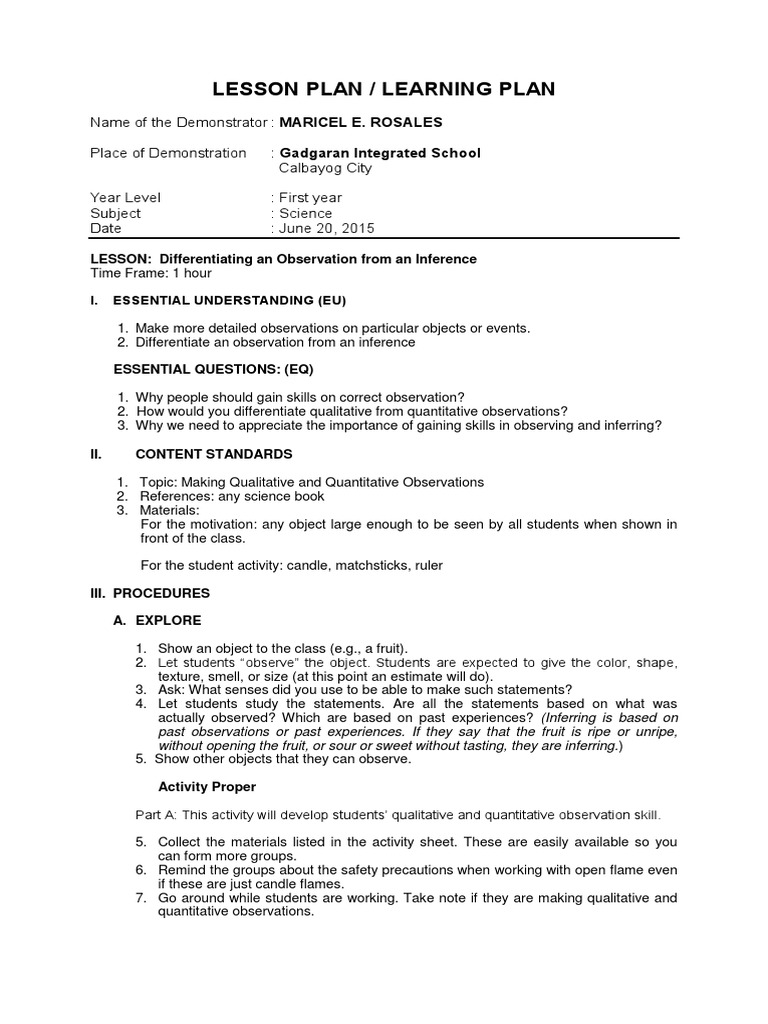 Observation vs. Inference in Science | PDF | Observation | Lesson Plan