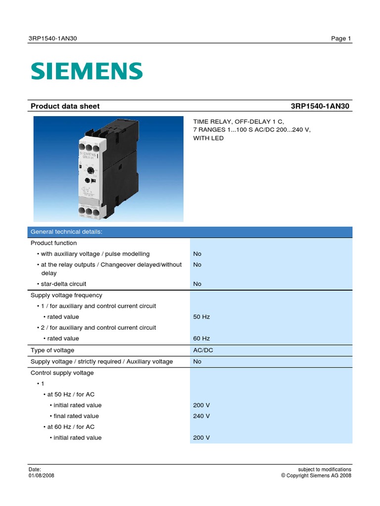 Time Relay Off Delay Datasheet - 3rp1540-1an30 - en | PDF | Relay | Switch