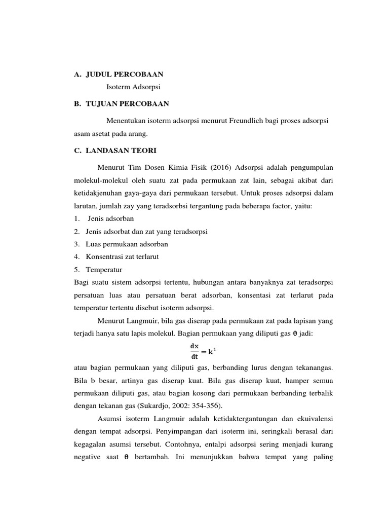 Isoterm Adsorpsi Asam Asetat pada Arang | PDF | Metode & Bahan Ajar ...