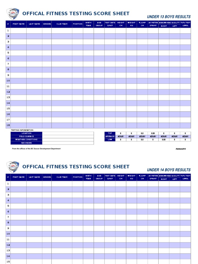 EA Sports BCSPL - Fitness Test Score Sheet | PDF | Sports | Nature