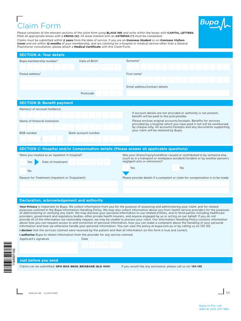 Bupa Claim Form | PDF | Hospital | Health Care