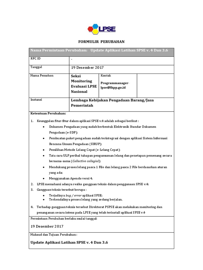 Form Permohonan Update SPSE Latihan | PDF