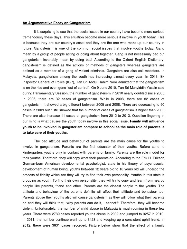 An Argumentative Essay On Gangsterism | PDF | Bullying | Gangster