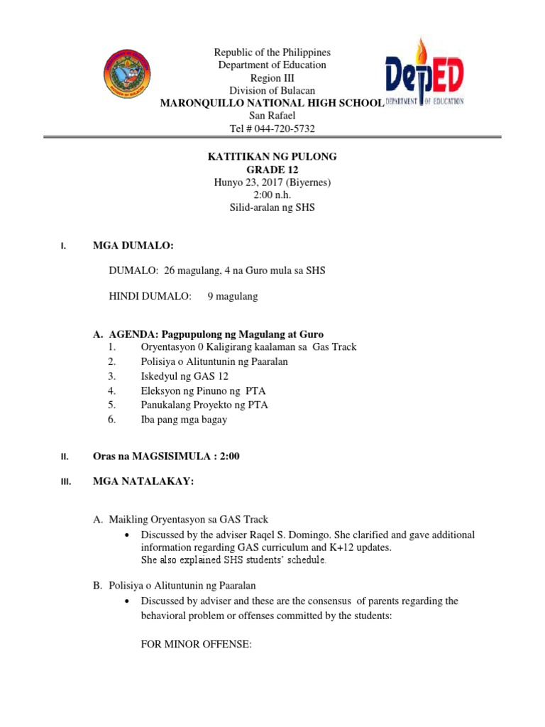 SHS Katitikan Ng Pulong | Learning | Schools