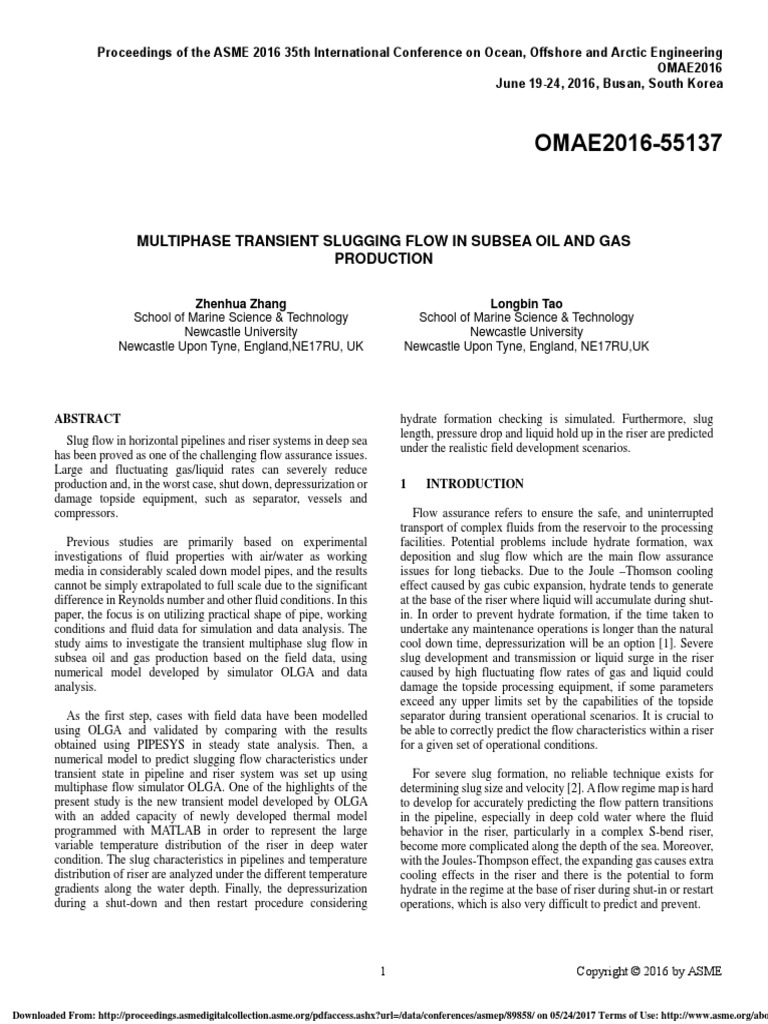 OMAE2016-55137: Multiphase Transient Slugging Flow in Subsea Oil and ...