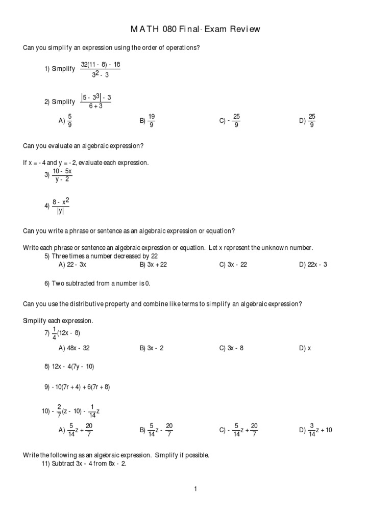 Math 080 Final-Exam Review 04-2017 | PDF | Slope | Equations