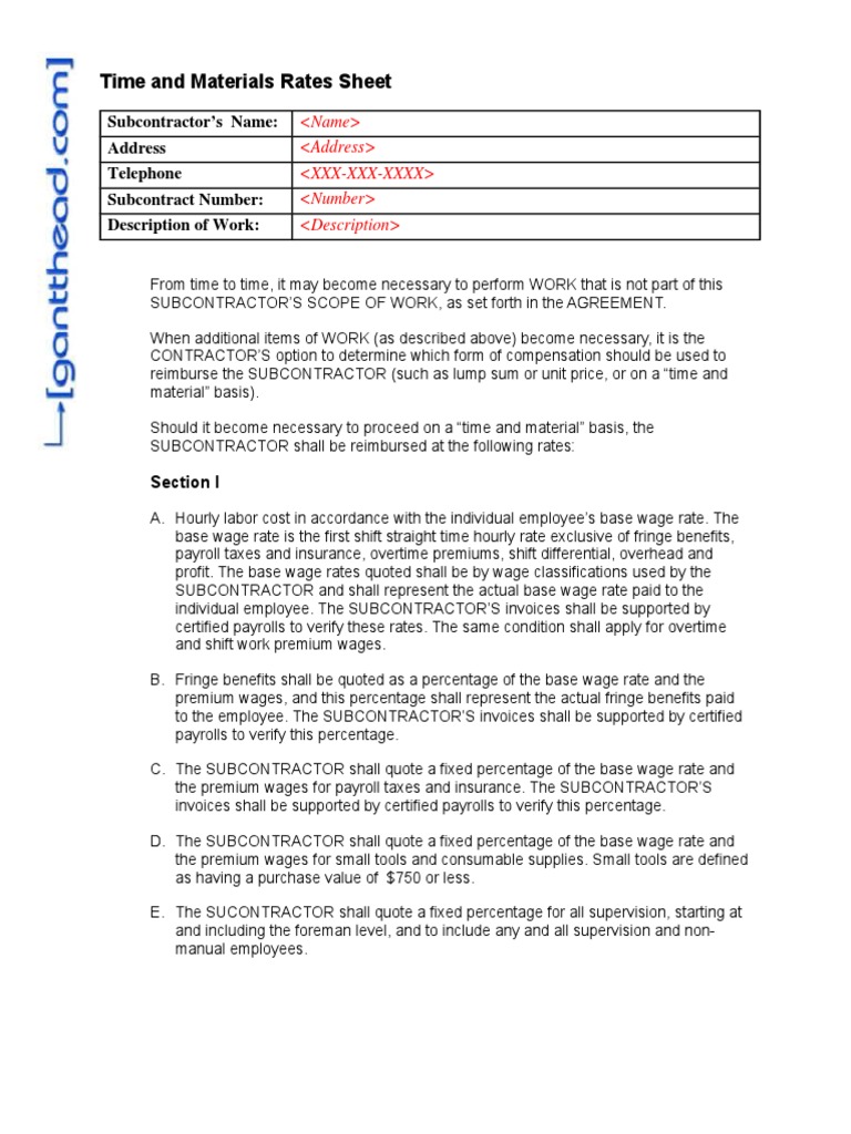 Time and Materials Rates Sheet | Payroll | Insurance