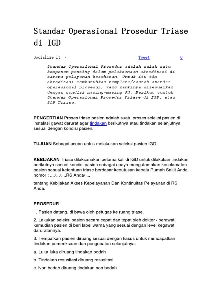 Standar Operasional Prosedur Triase Di IGD | PDF