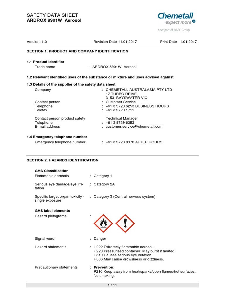 Ardrox 8901W Safety Data Sheet | PDF | Toxicity | Dangerous Goods