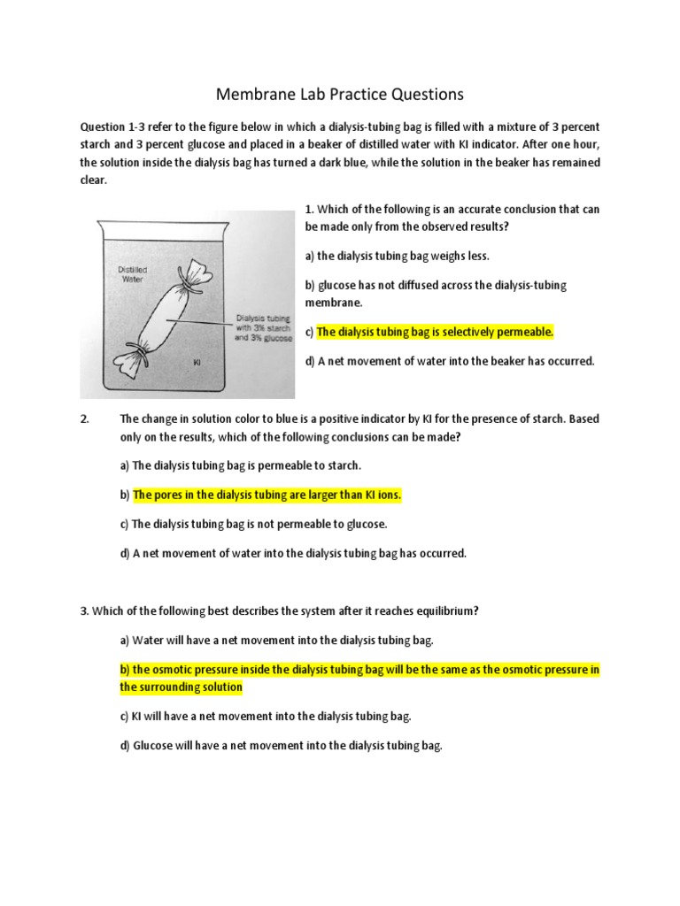 Membrane Lab Practice Questions - Answers | PDF | Osmosis | Cell Biology