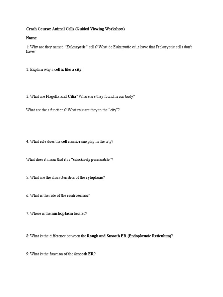 Crash Course: Animal Cells (Guided Viewing Worksheet) Name | PDF ...