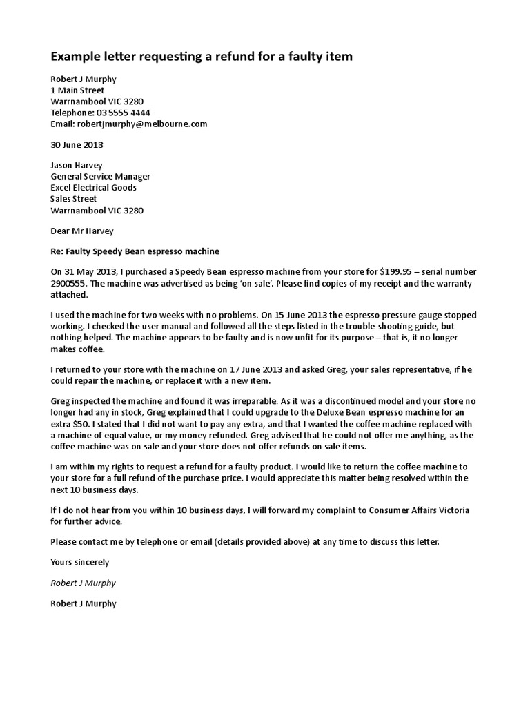 Example Letter Requesting A Refund For A Faulty Item | PDF