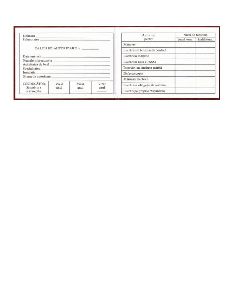Talon Autorizare Interna Electricieni | PDF