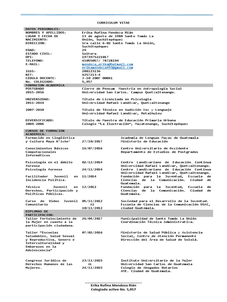CV Erika Mendoza 2017 | PDF | Juventud | Guatemala