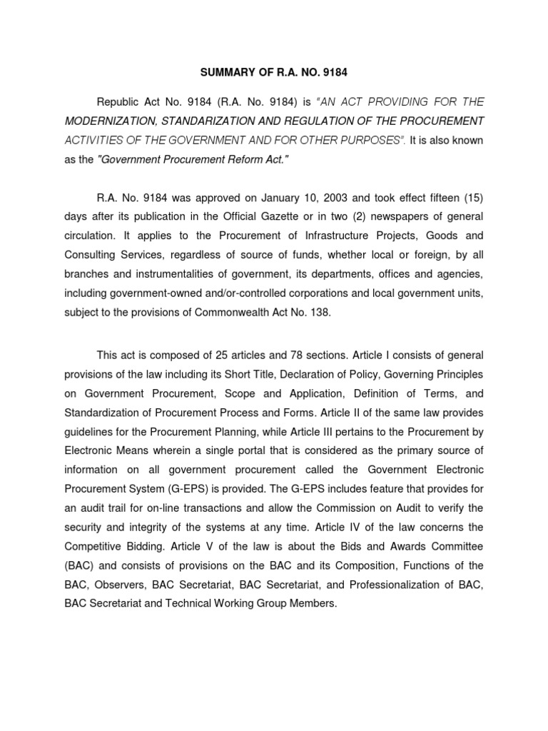 Summary of Ra 9184 | PDF | Procurement | Audit