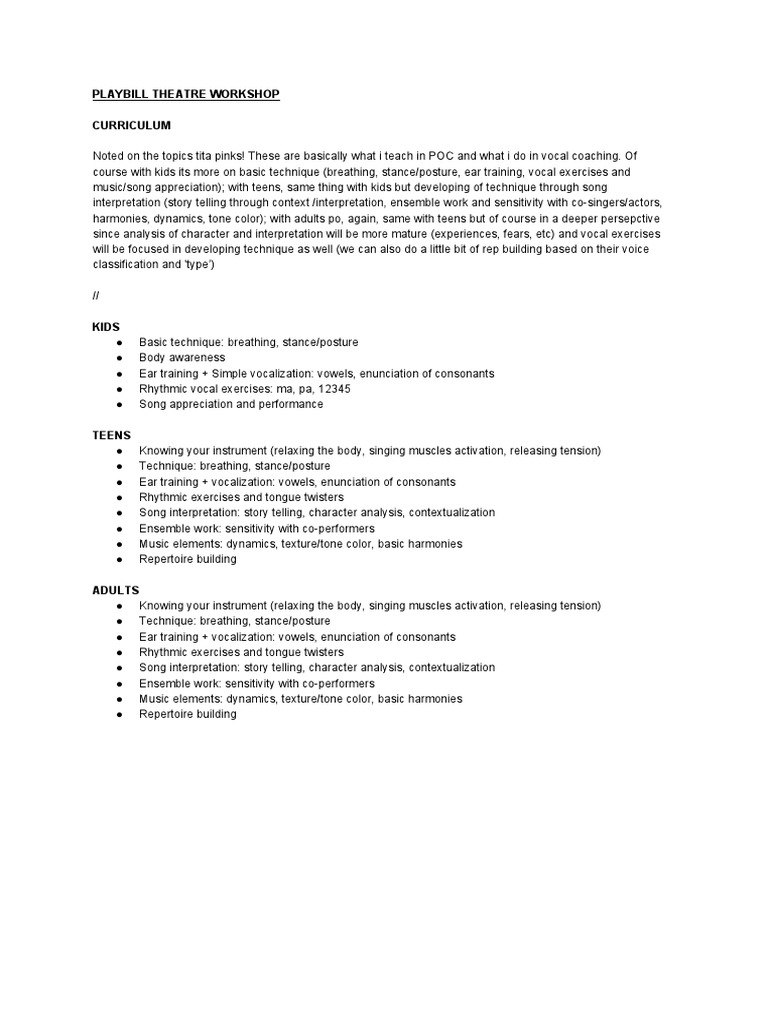 Playbill Theatre Workshop | PDF | Breathing | Harmony