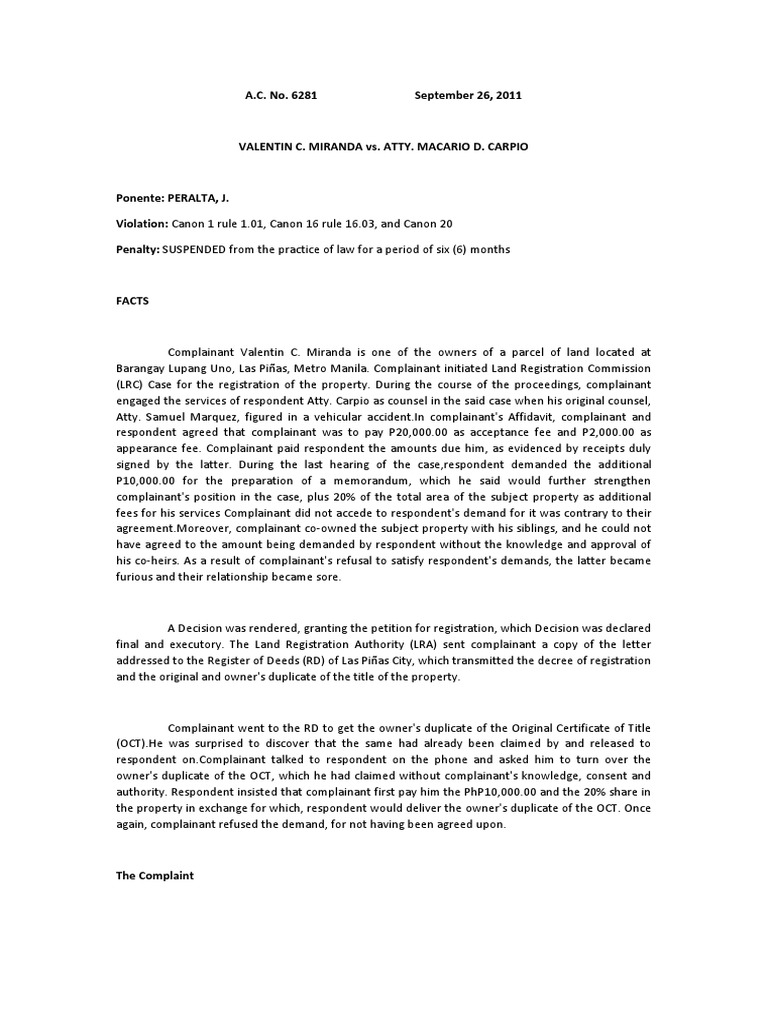 Miranda Vs Atty Carpio | PDF | Lawyer | Lien