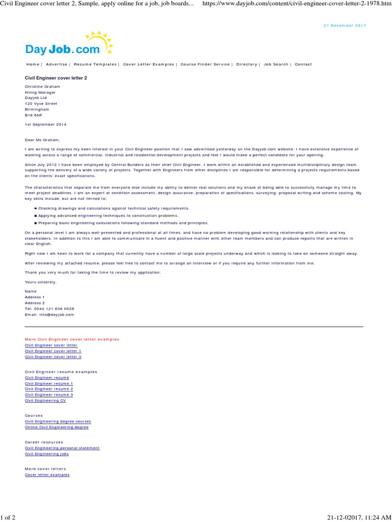 Civil Engineer Cover Letter 2, Sample, Apply Online For A Job, Job ...