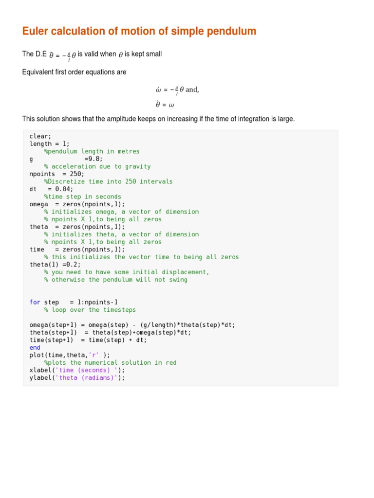 Motion of Simple Pendulum Using Matlab | PDF