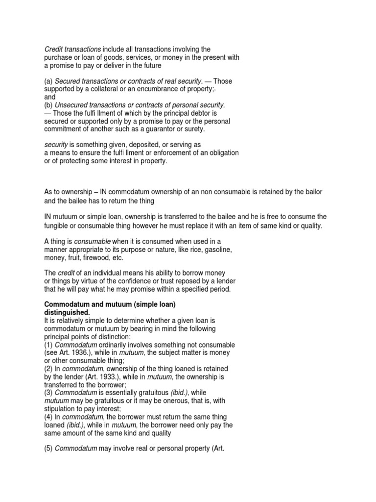 Credit Transactions Include All Transactions Involving The: Commodatum ...