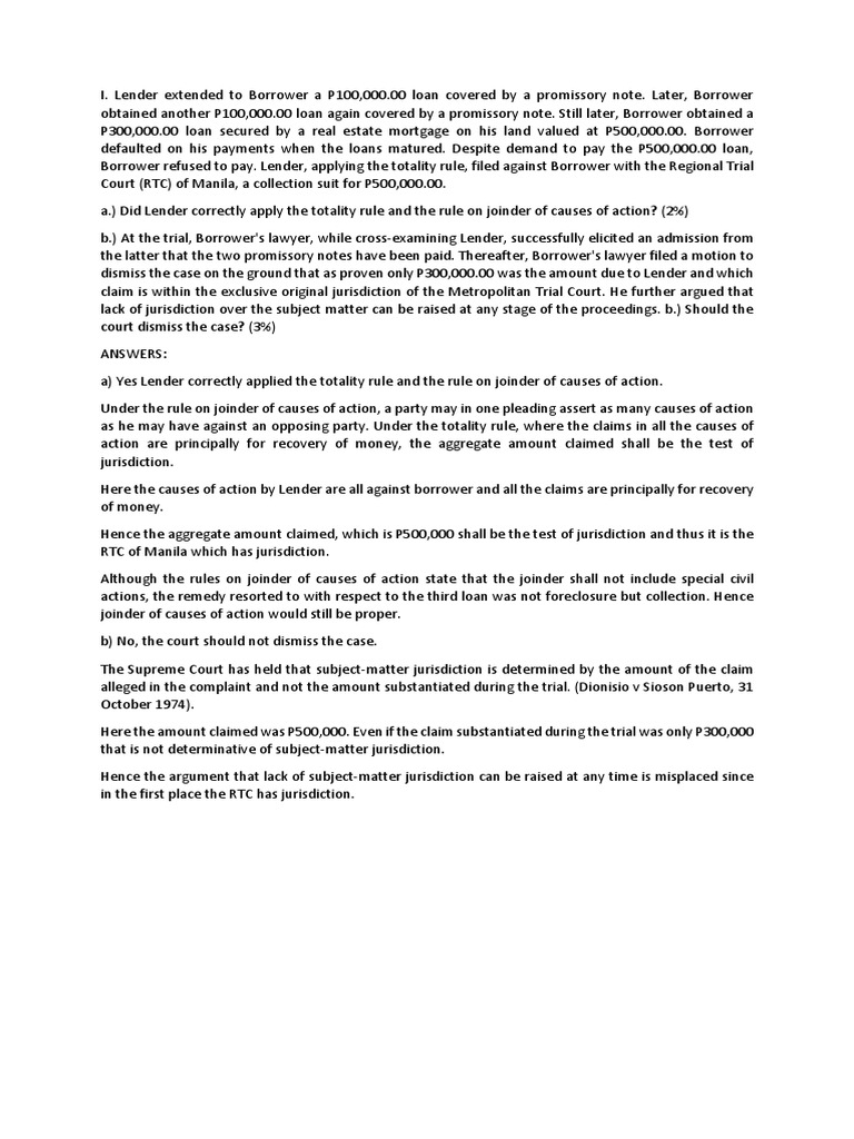 Civil Procedure Sample Bar Question | PDF | Promissory Note | Loans