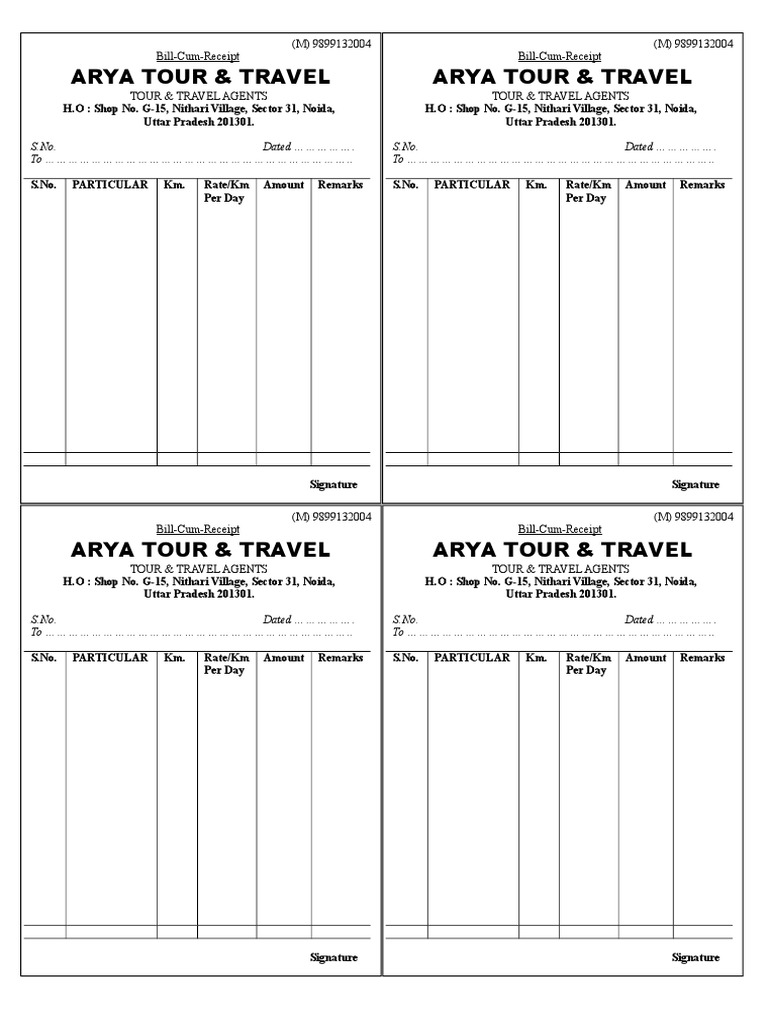 Arya Tour & Travel Arya Tour & Travel: (M) 9899132004 Bill-Cum-Receipt ...