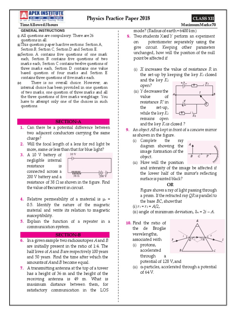 Class XII Physics Board Paper 2018 | PDF | Electric Current ...