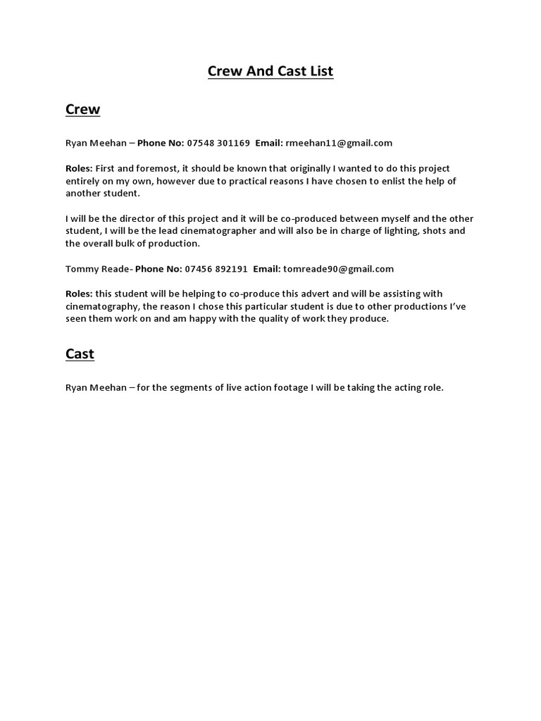 Crew and Cast List | PDF