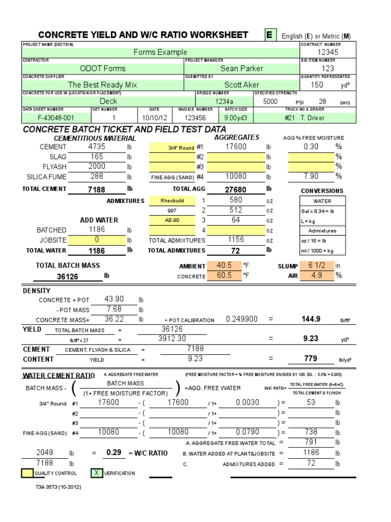 Concrete Yield and W/C Ratio Worksheet E | PDF | Structural Engineering ...