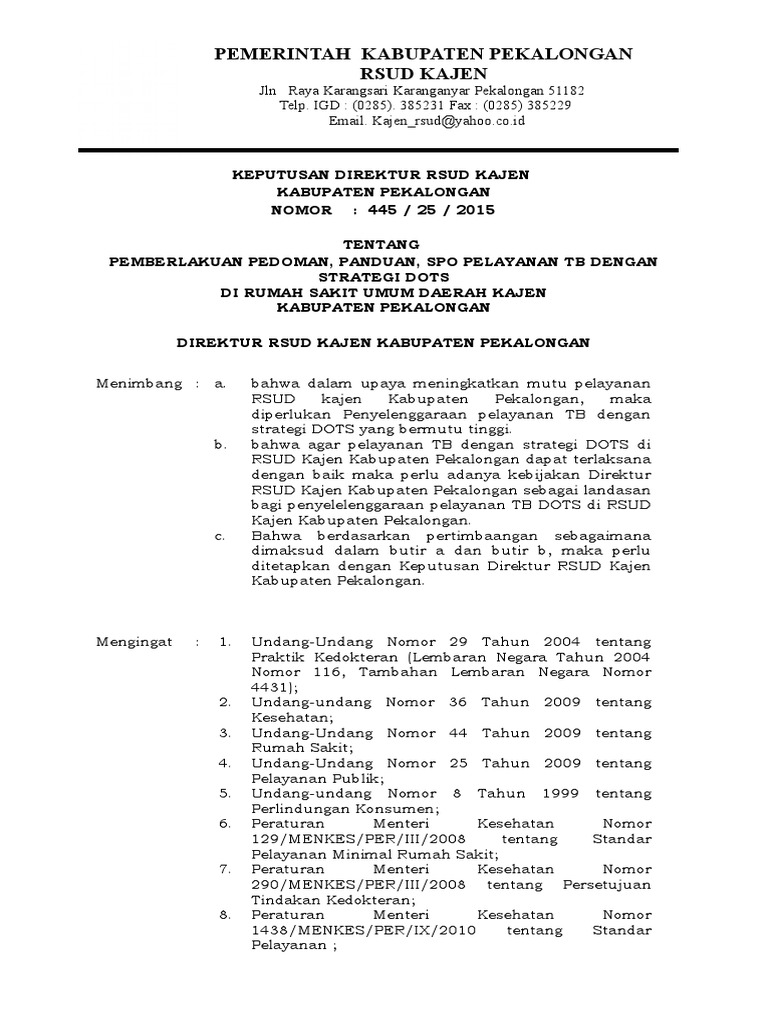 SK Pemberlakuan Pedoman, Panduan, Spo Pelayanan TB Dots | PDF